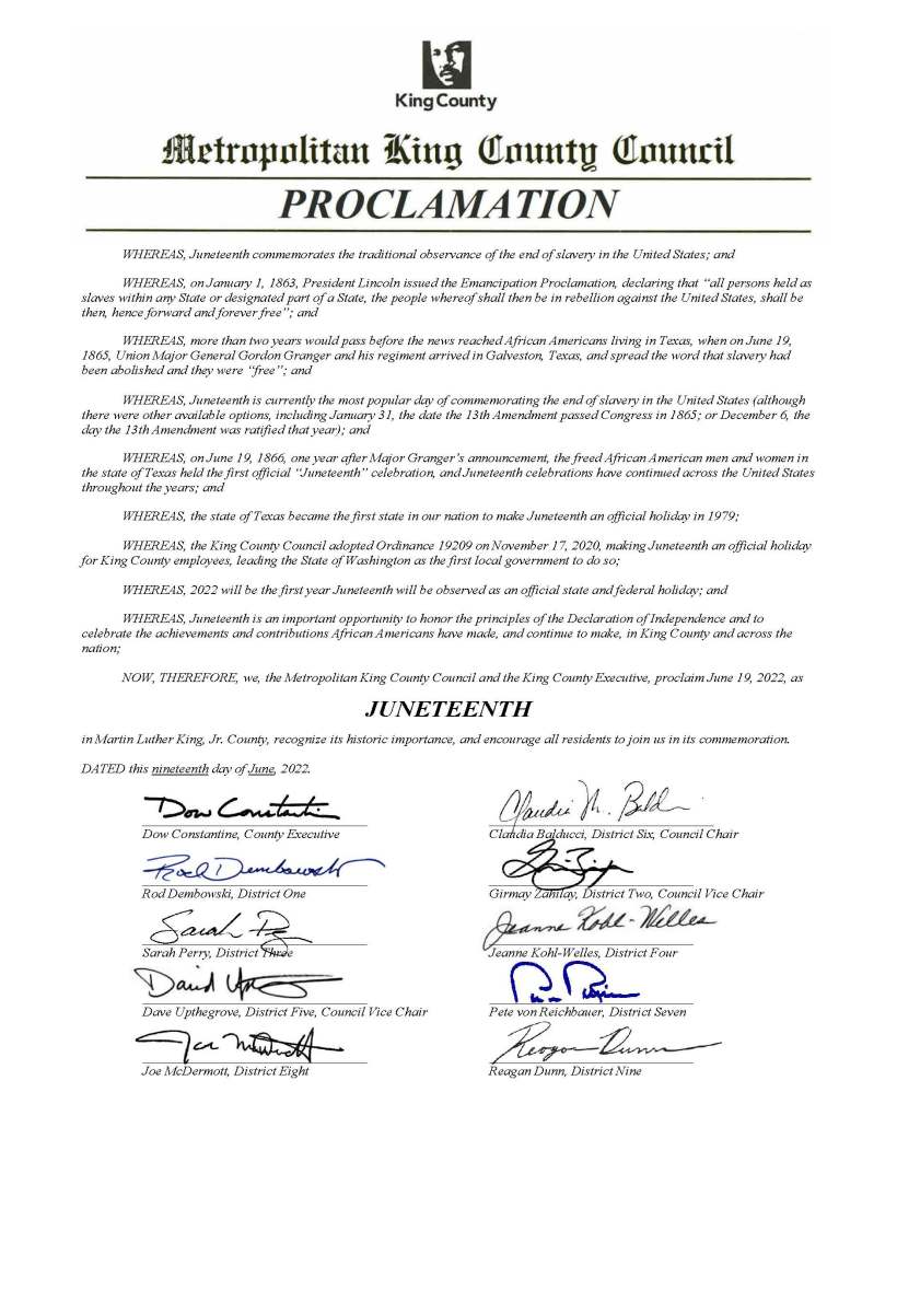 King County Council and King County Executive proclaim Juneteenth ...