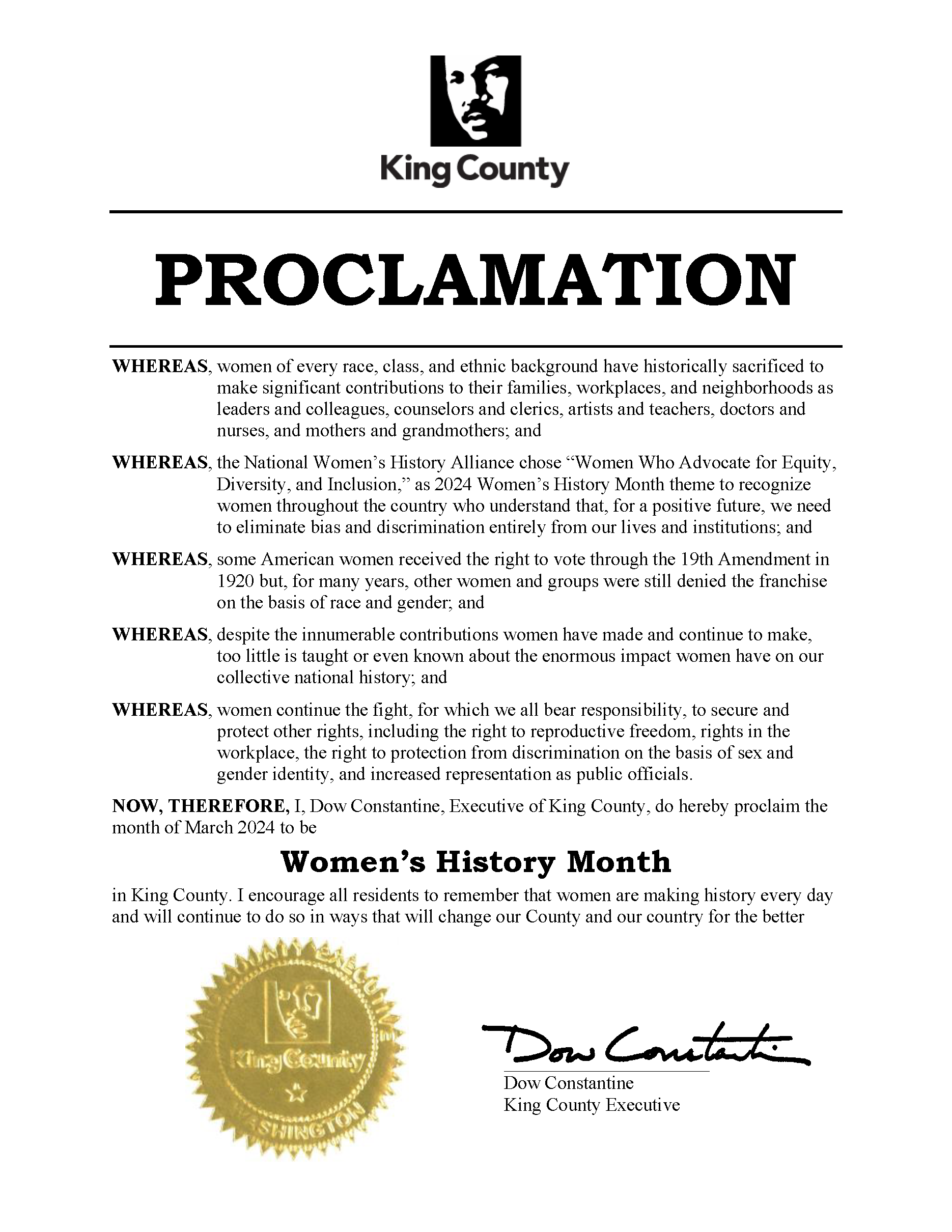 Executive Constantine proclaims March as Women’s History Month ...